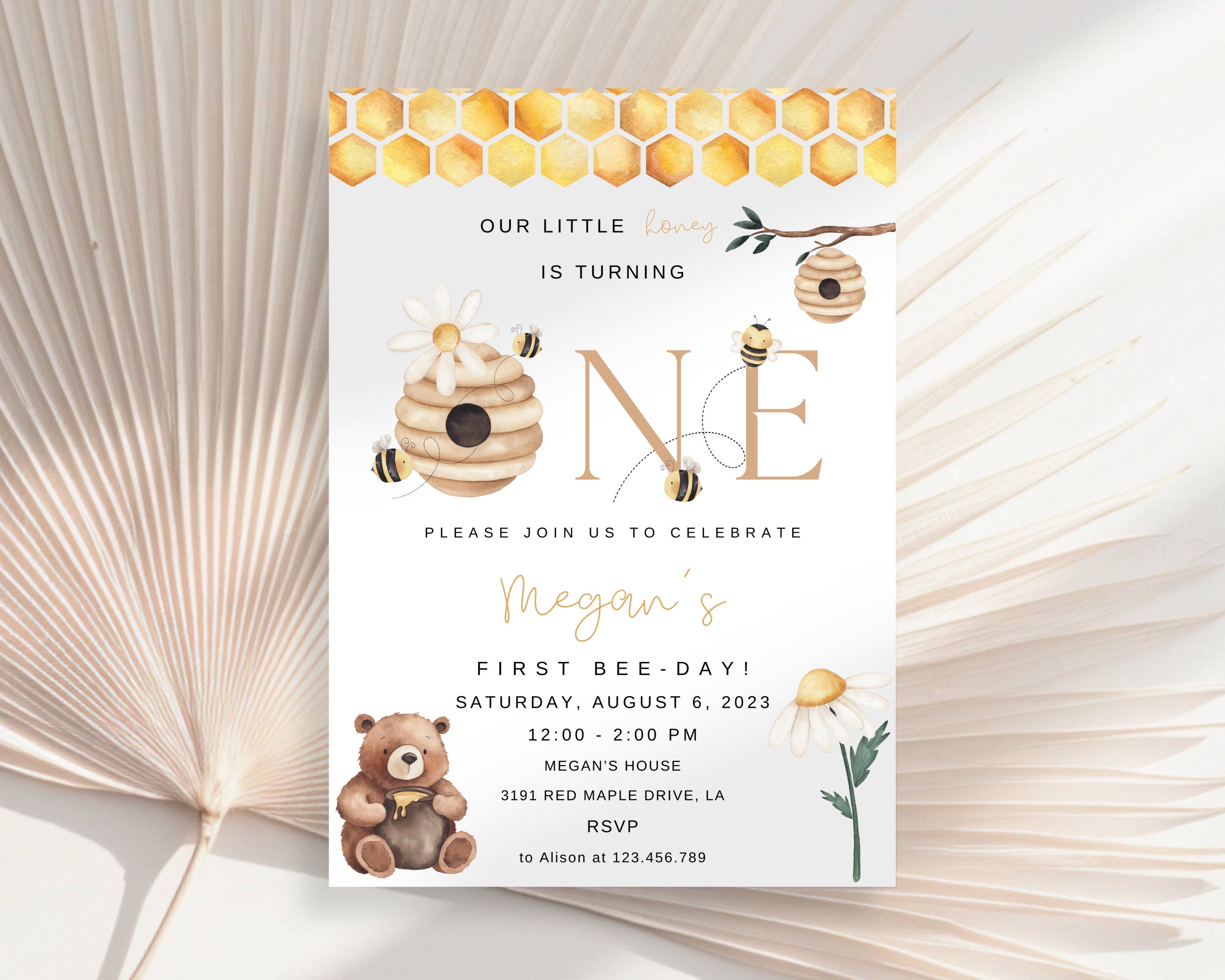 Editable Bee Birthday Invitation, Honey Bee Birthday Party, Bee 1st ...