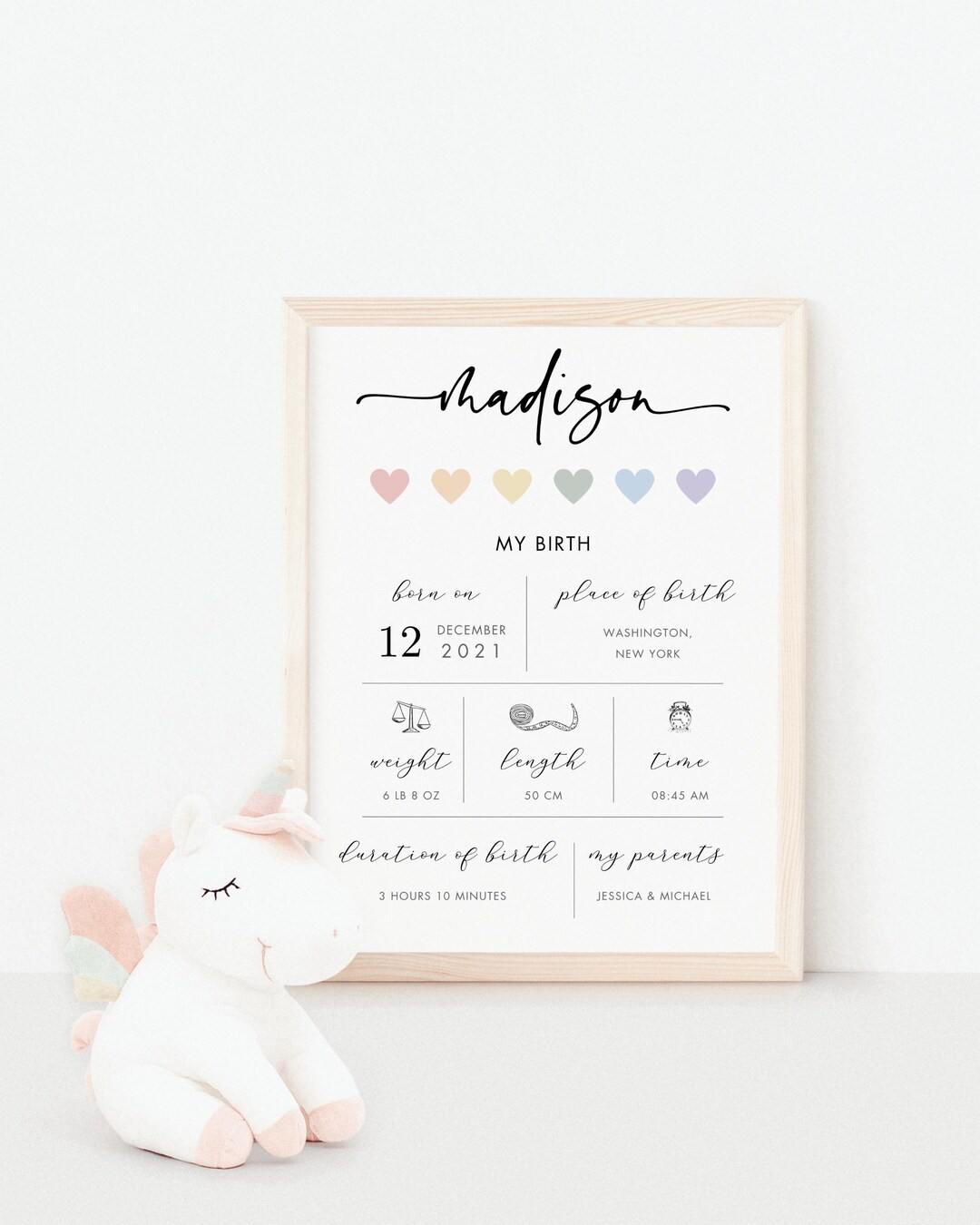 Birth Details Poster, Rainbow Birth Details Print, Baby Girl Birth ...