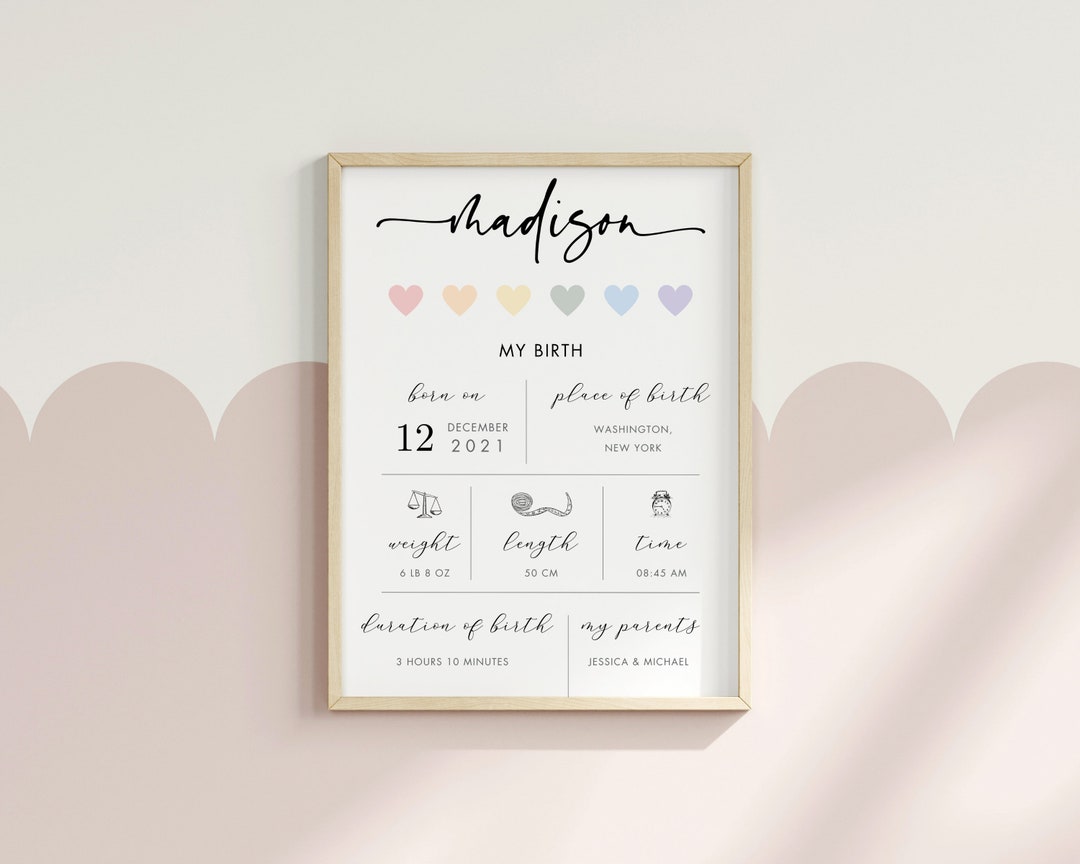 Birth Details Poster, Rainbow Birth Details Print, Baby Girl Birth ...