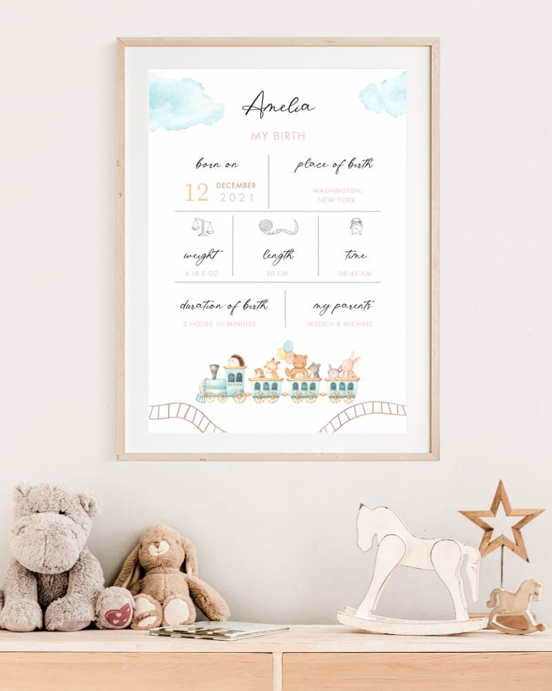 Personalised Birth Announcement, Nursery Prints, Baby Birth Print, Baby ...