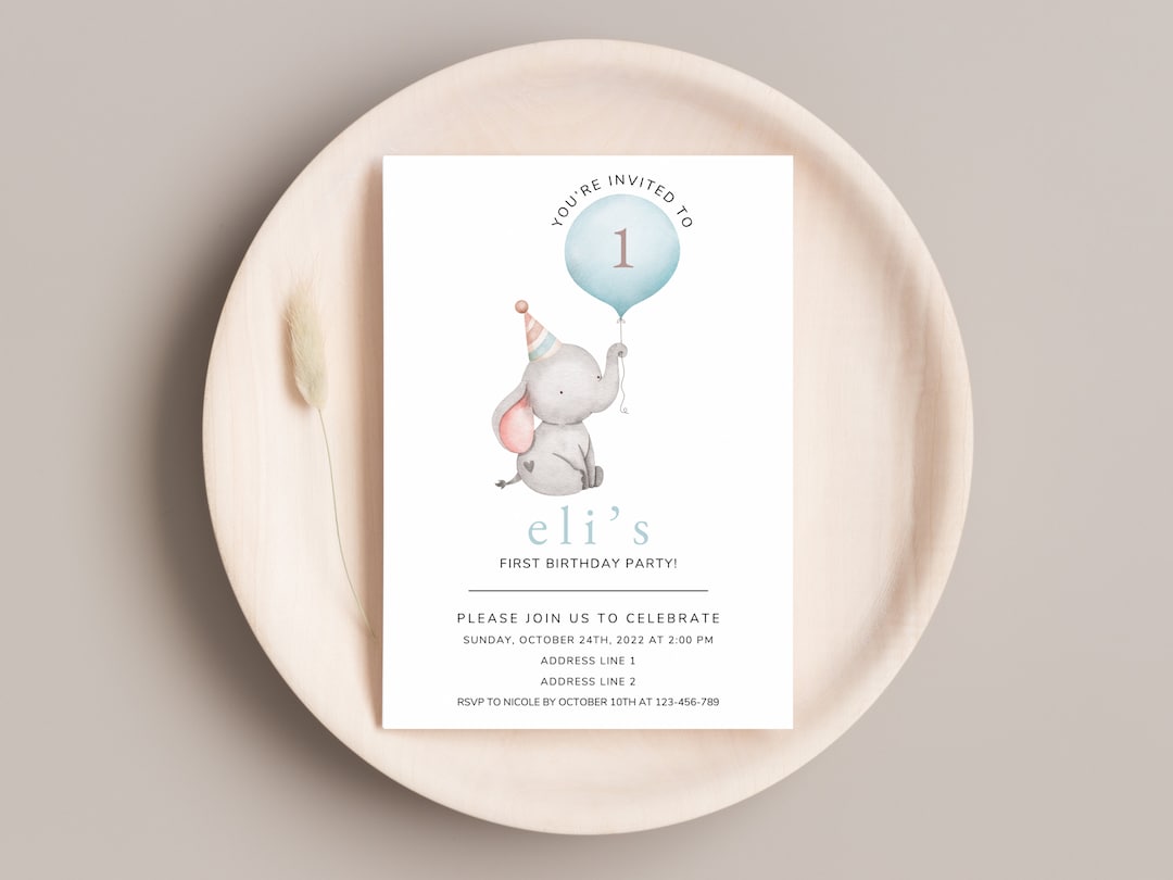 Elephant Birthday Invitation, Baby Elephant Card, Boys Birthday Card ...