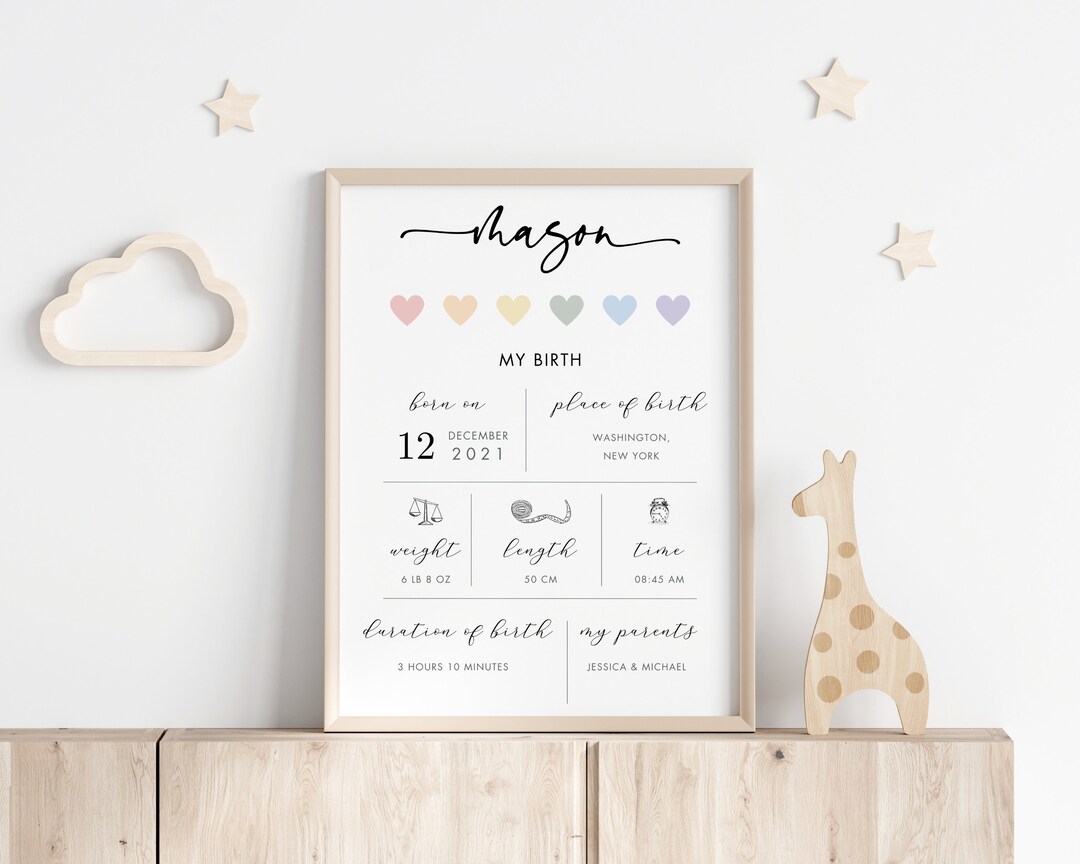 Birth Details Poster, Rainbow Birth Details Print, Baby Boy Birth ...