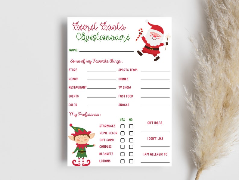 Secret Santa Questionnaire Christmas Questionnaire Gift - Etsy