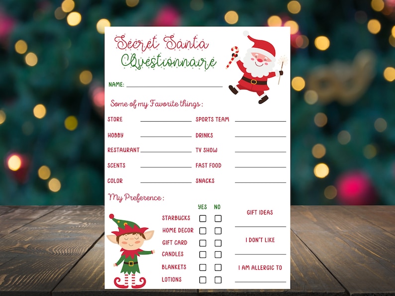 Secret Santa Questionnaire Christmas Questionnaire Gift - Etsy