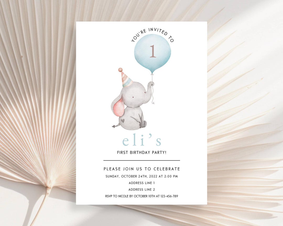 Elephant Birthday Invitation, Baby Elephant Card, Boy’s Birthday Card ...