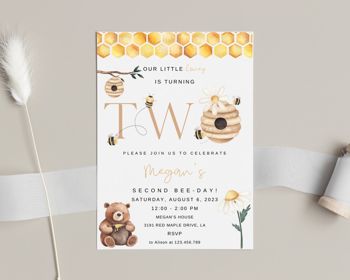 Editable Bee Birthday Invitation, Honey Bee Birthday Party, Bee 2nd ...