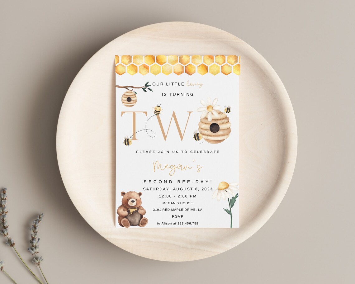 Editable Bee Birthday Invitation, Honey Bee Birthday Party, Bee 2nd ...
