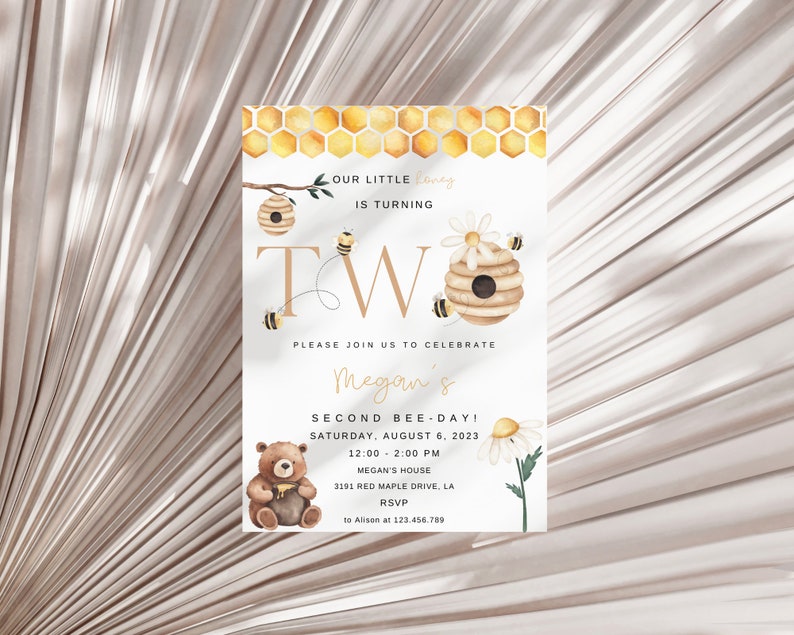 Editable Bee Birthday Invitation, Honey Bee Birthday Party, Bee 2nd ...