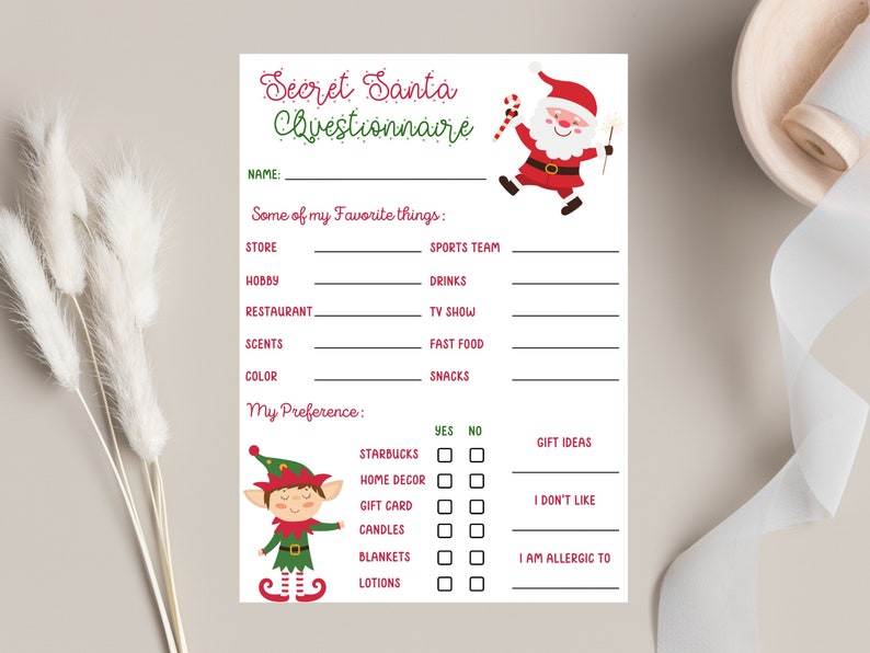 Secret Santa Questionnaire Christmas Questionnaire Gift - Etsy