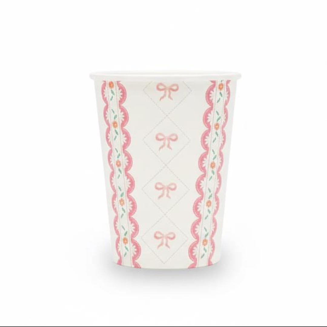 Pink Bow Coquette Paper Cups 9oz (8 Pack) - Tea Party, Baby Shower ...
