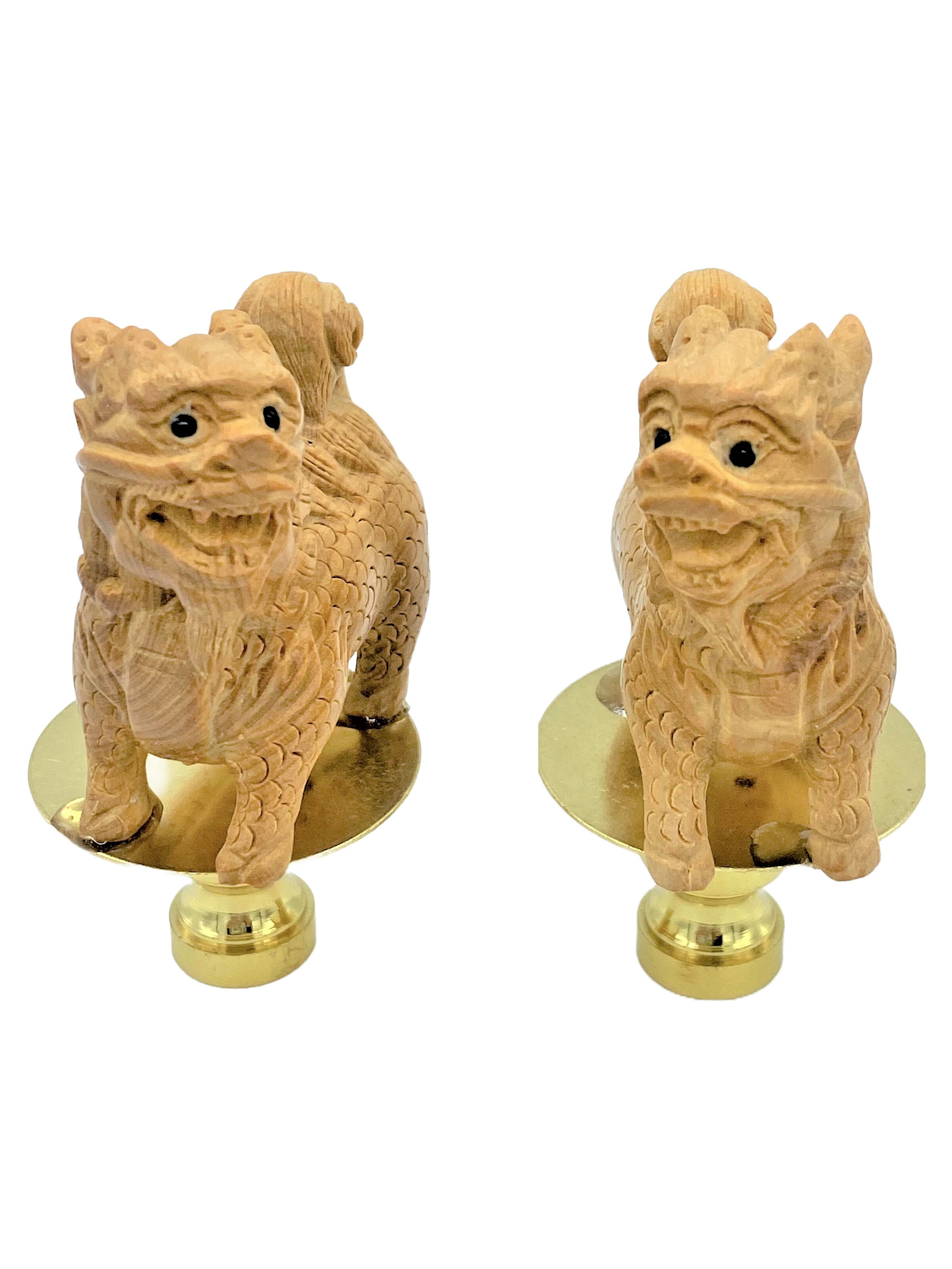 Kylin Foo Dog Lions Pair Wood Netsuke Lamp Finials - Etsy
