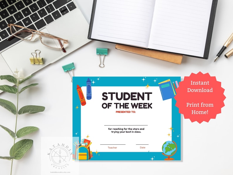 Certificado imprimible de Estudiante de la Semana, Descarga Instantánea ...