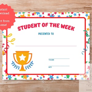 Printable Student of the Week Certificate, Instant Download, School ...