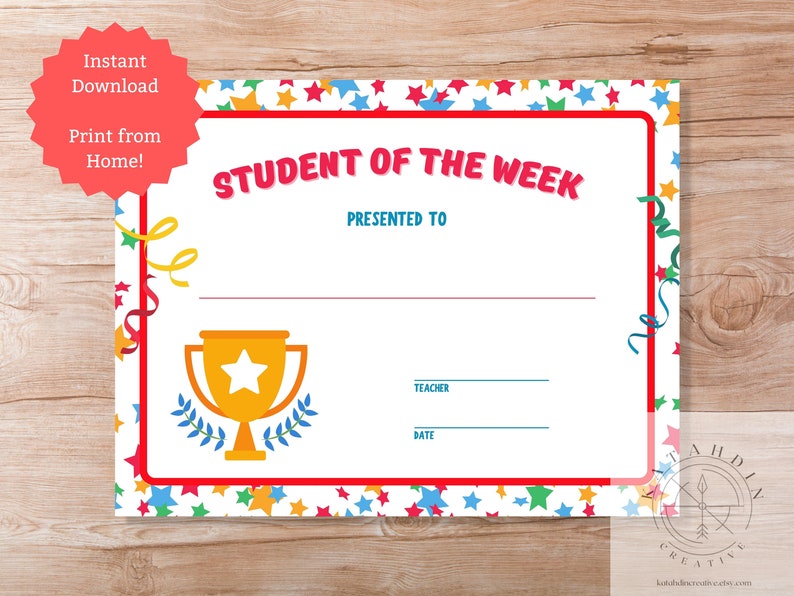 Printable Student of the Week Certificate, Instant Download, School ...