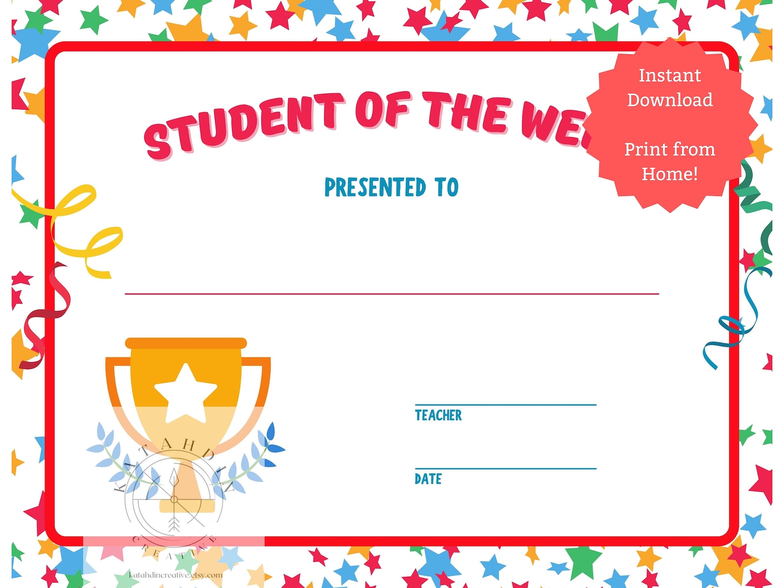 Printable Student of the Week Certificate, Instant Download, School ...