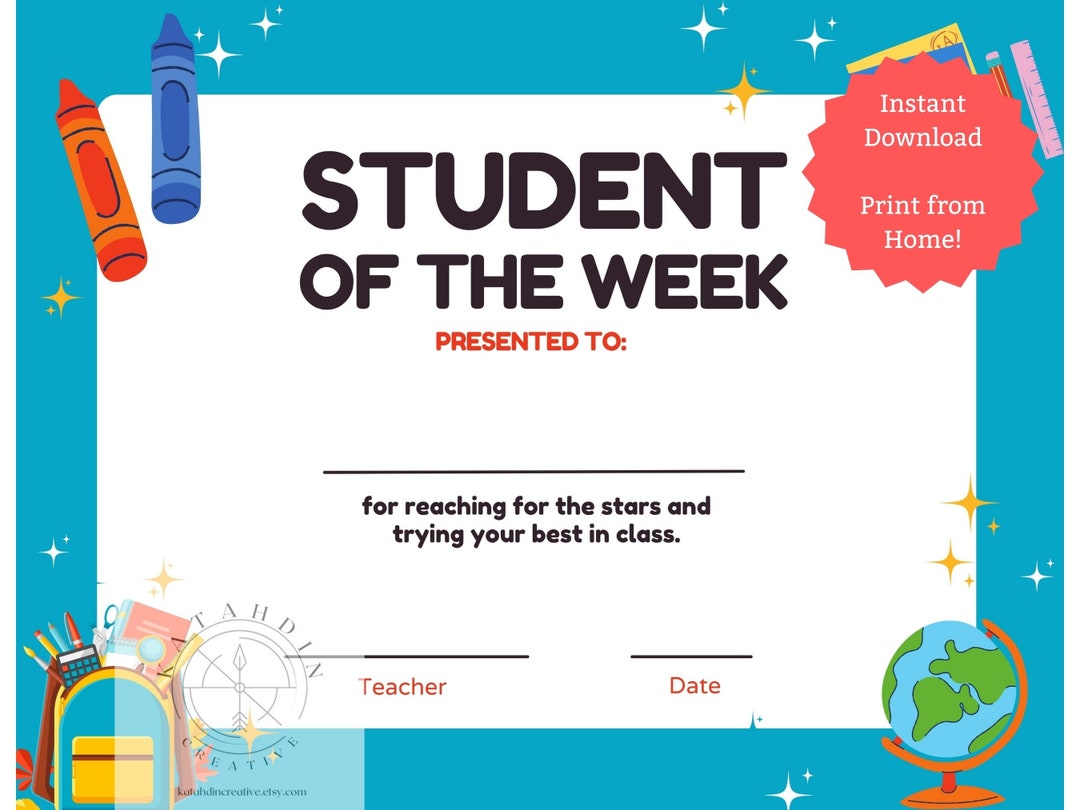 Certificado imprimible de Estudiante de la Semana, Descarga Instantánea ...