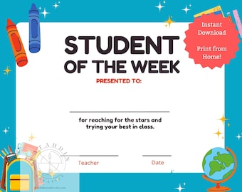 Printable Student of the Week Certificate, Instant Download, School ...