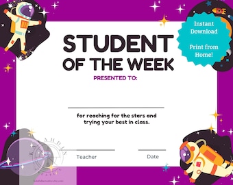 Printable Student of the Week Certificate, Instant Download, School ...
