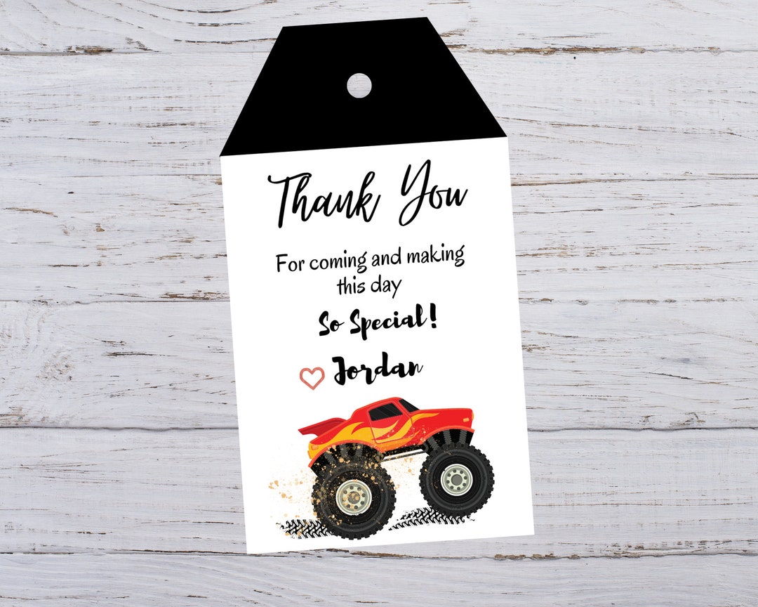 Monster Truck Birthday Thank You Tags, Personalized Text, Monster Truck ...