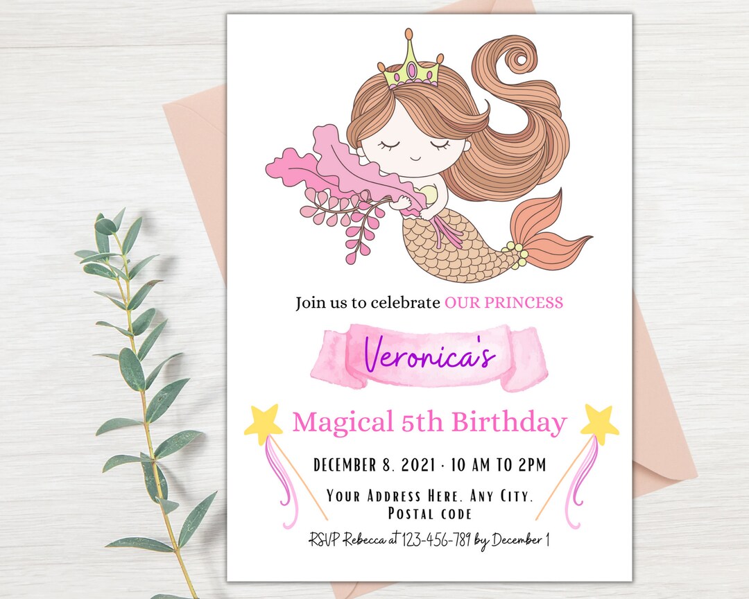 Mermaid Princess Birthday Invitation, Mermaid Theme Party, Princess ...
