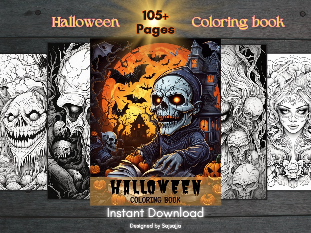 105+ Halloween Adult Coloring Book Pages, Halloween Grayscale Book ...
