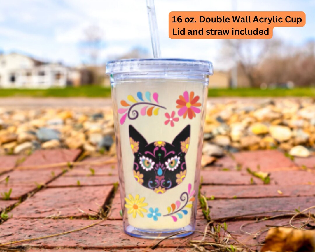 Catrina Cat Tumbler Black Cat Face Cup 16oz Acrylic Tumbler Coffee and ...