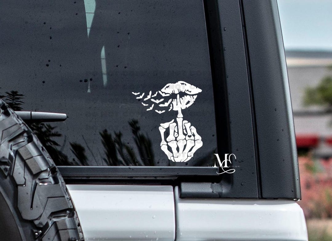 Skeleton Middle Finger Lips With Bats Car Decal, Spooky Vinyl Car Decal ...