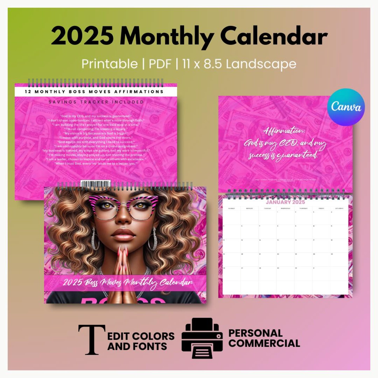 2025 Editable Monthly Calendar, Canva Monthly Calendar, Canva Calendar ...