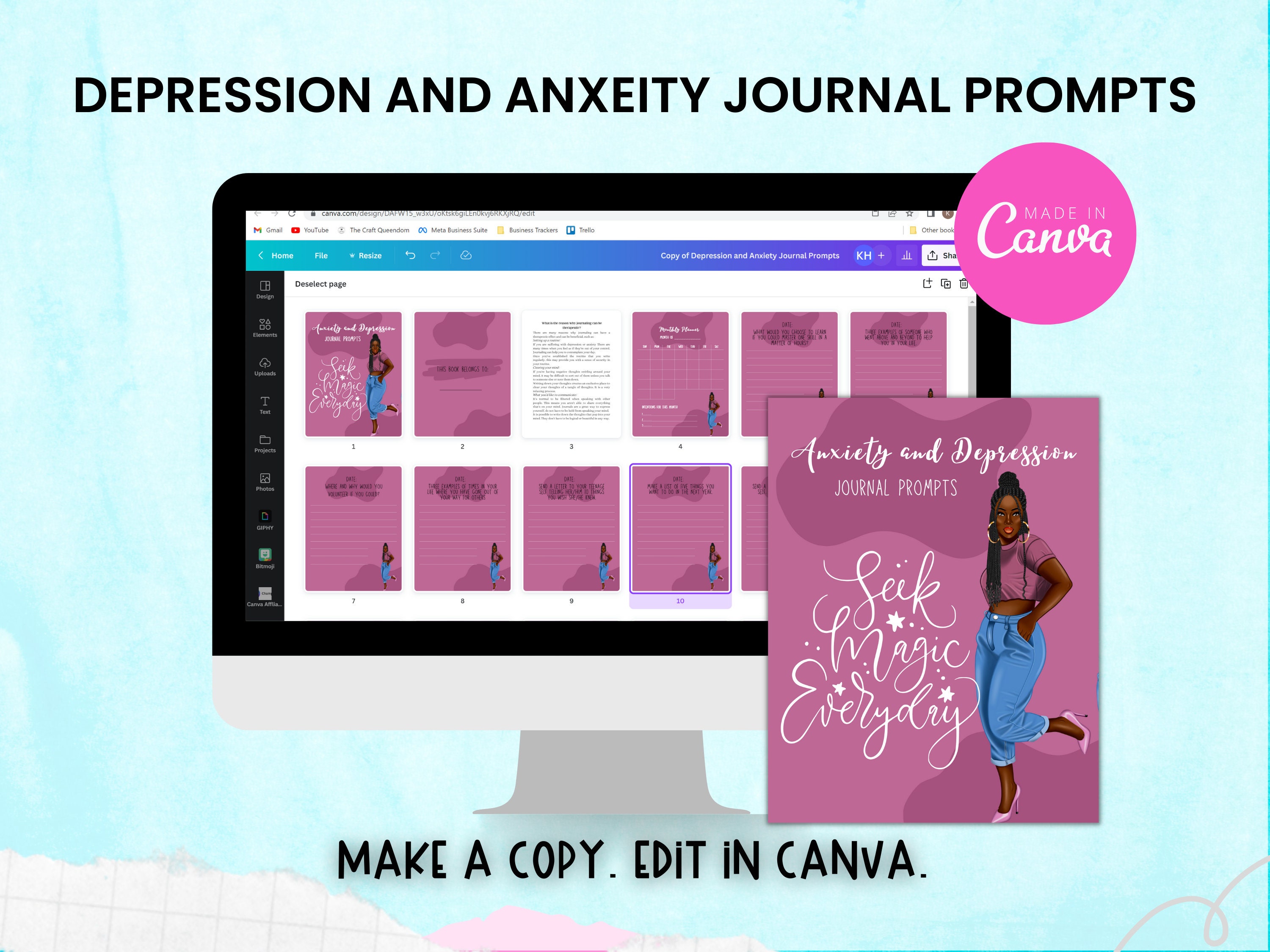 Depression and Anxiety Journal Prompt Templates, Canva Template ...