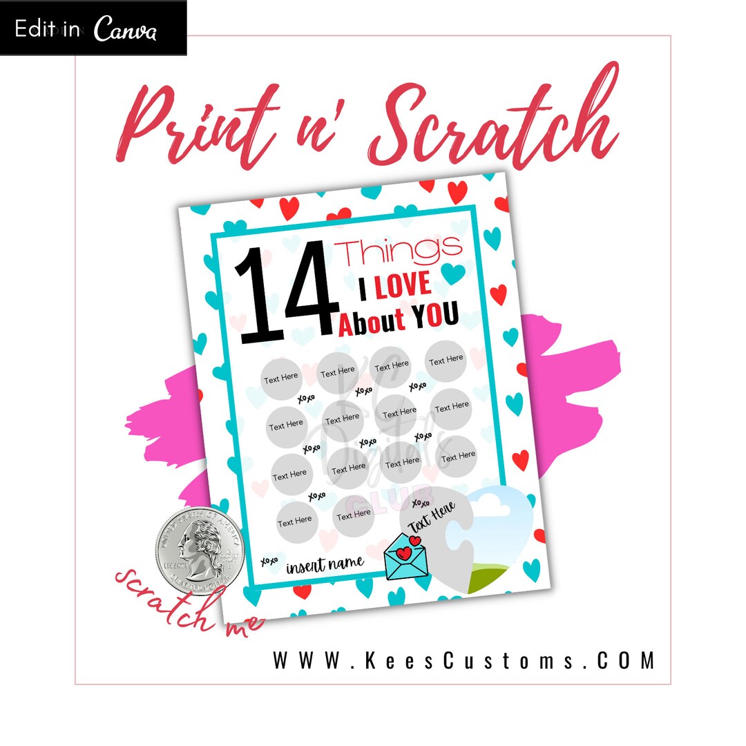 Valentine Scratch off Print, Canva Template, 14 Things I Love About You ...