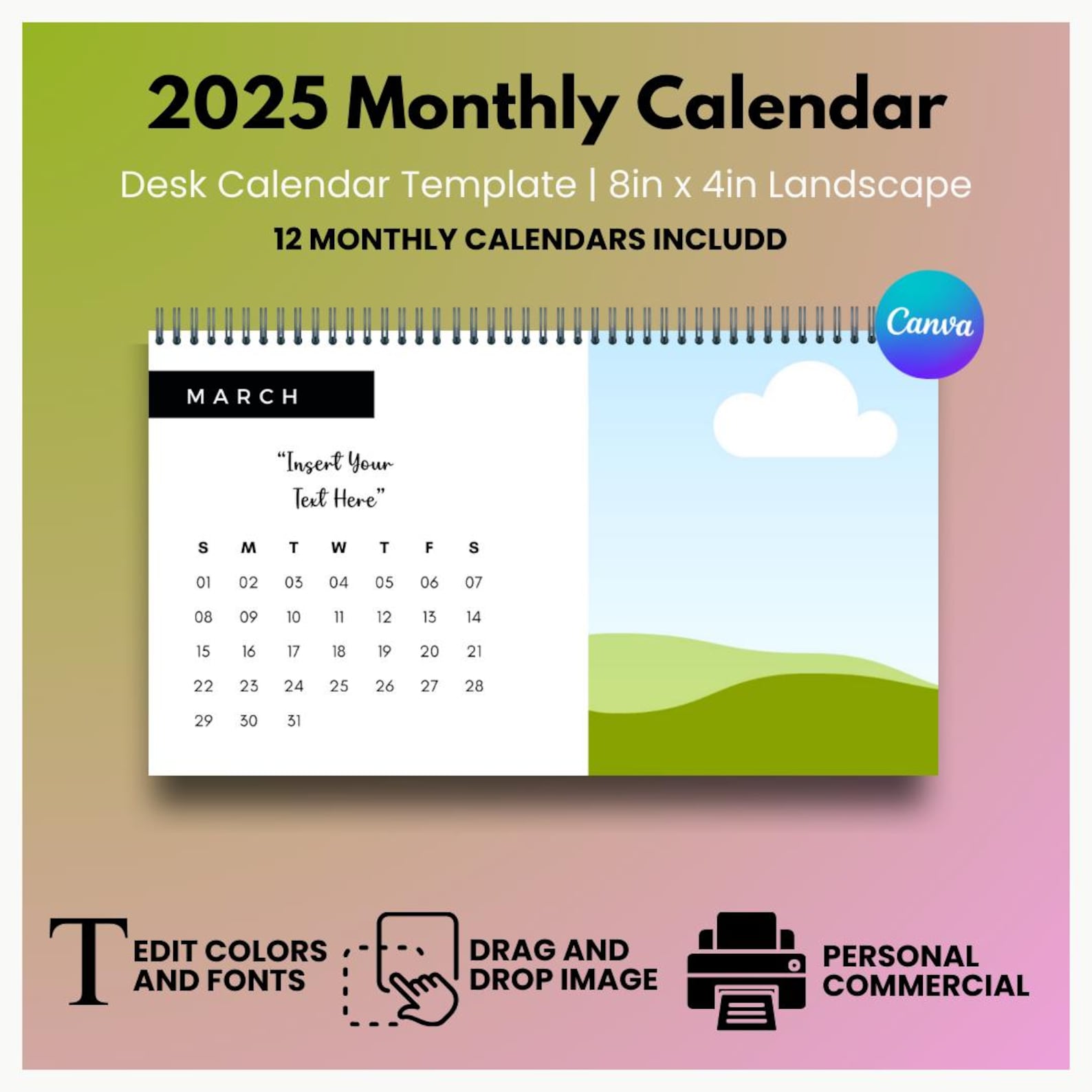 2025 Editable Monthly Calendar, Canva Monthly Calendar, Canva Calendar ...