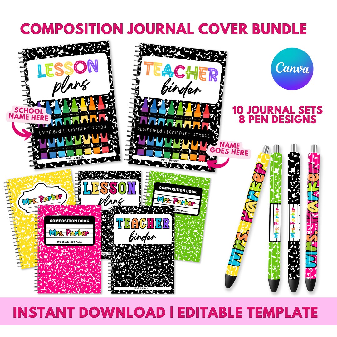 Editable Composition Notebook Bundle Canva Template, Pen Wrap, Teacher ...