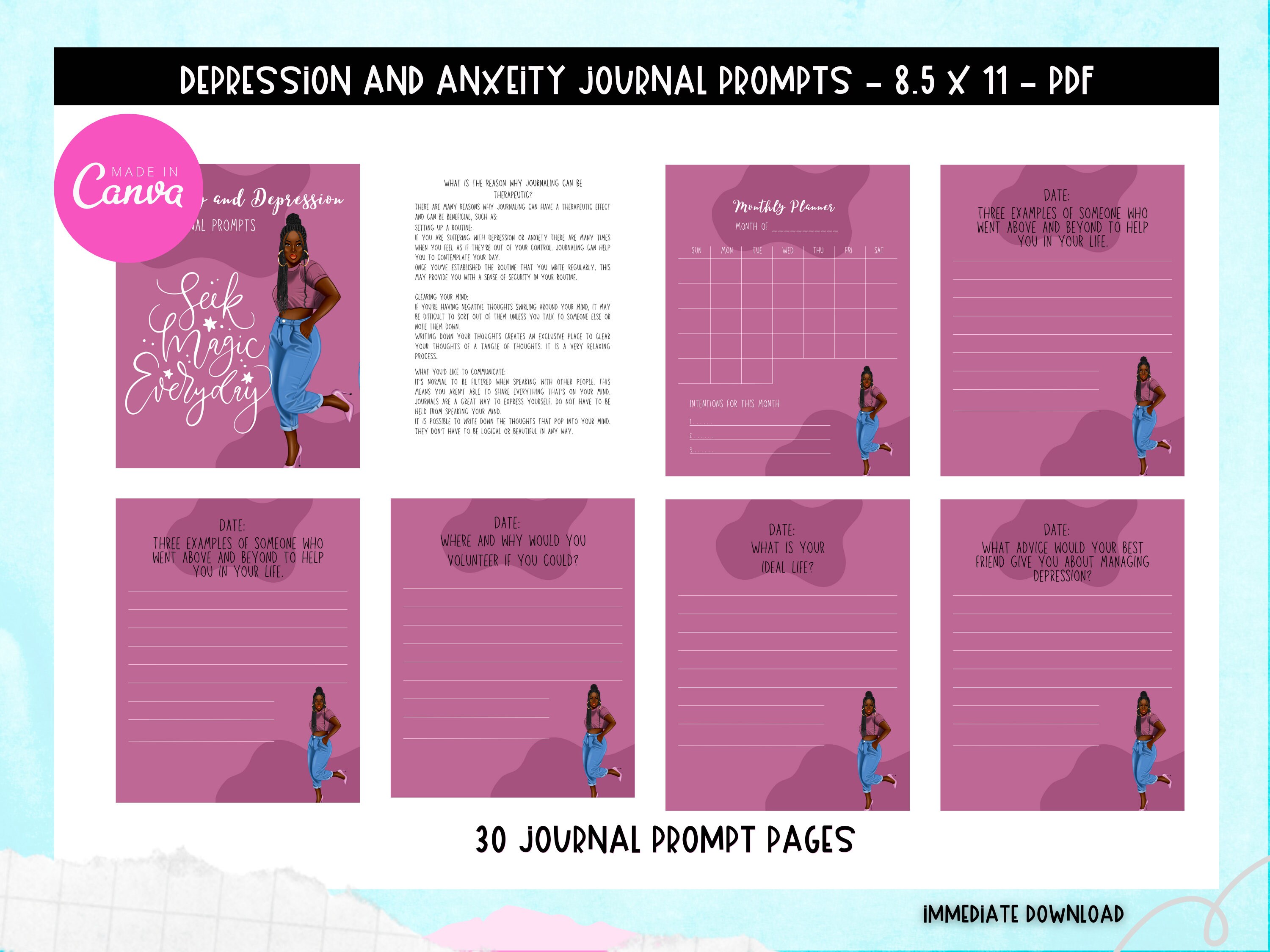 Depression and Anxiety Journal Prompt Templates, Canva Template ...