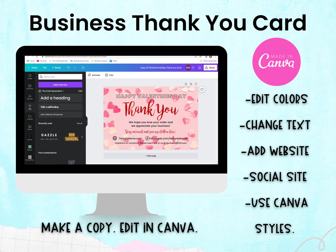Canva Business Thank You Card Template, Custom, Editable Business Card ...