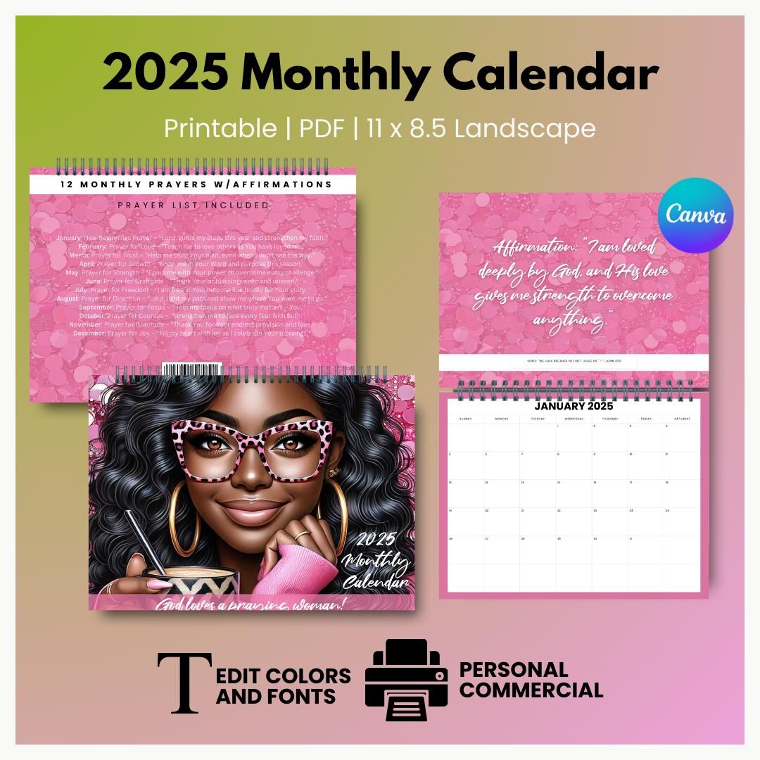 2025 Editable Monthly Calendar, Canva Monthly Calendar, Canva Calendar ...