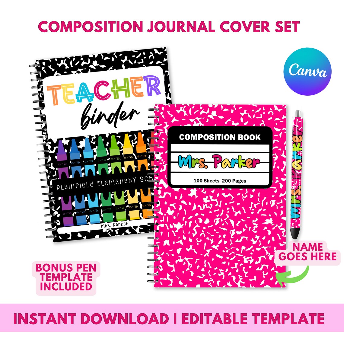 Editable Composition Notebook Set Canva Template, Pen Wrap, Teacher 