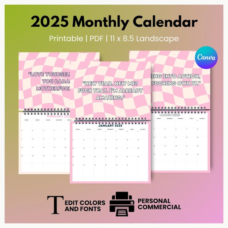 2025 Editable Monthly Calendar, Canva Monthly Calendar, Canva Calendar ...