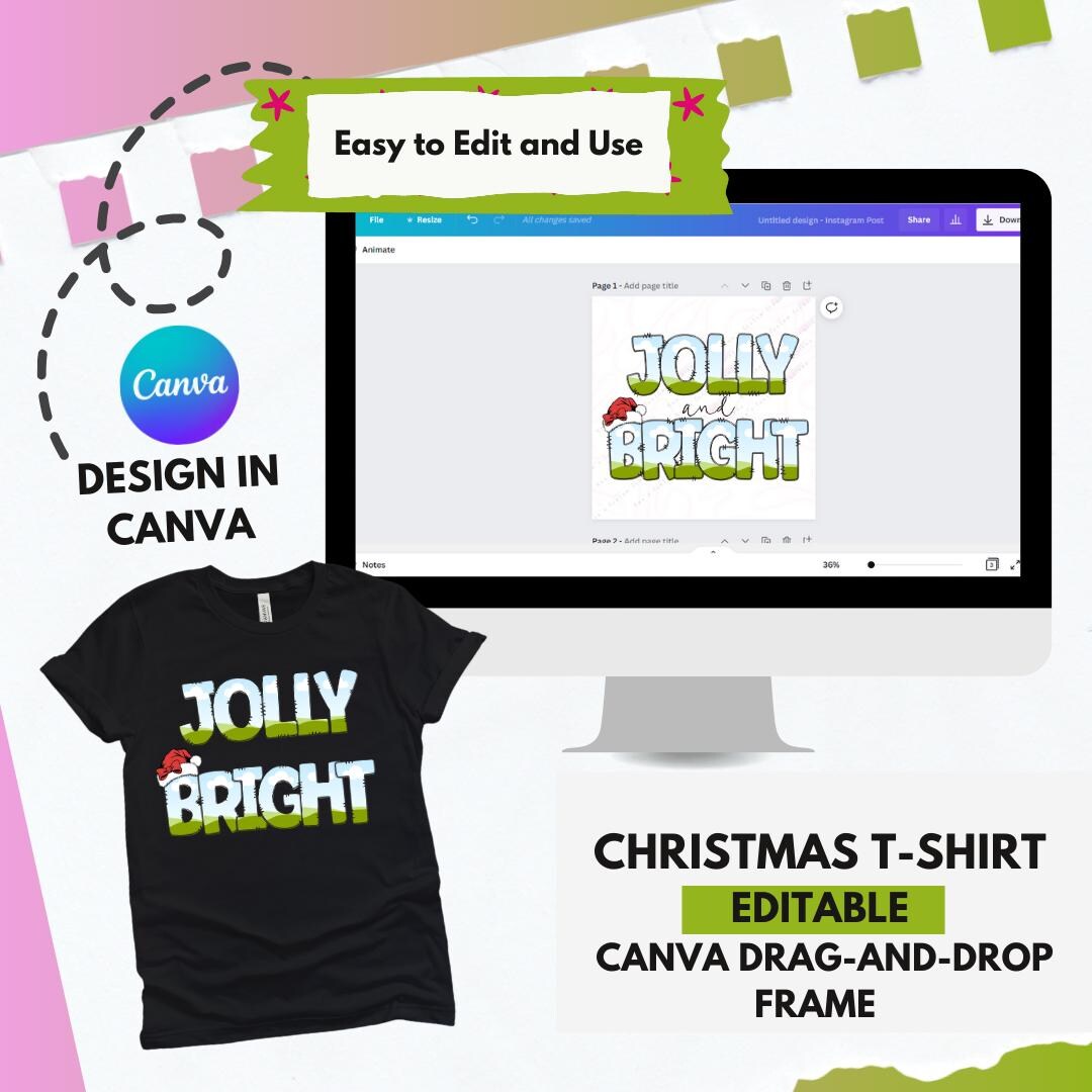 Editable Christmas Tshirt, Jolly and Bright, Canva Tshirt, Canva ...