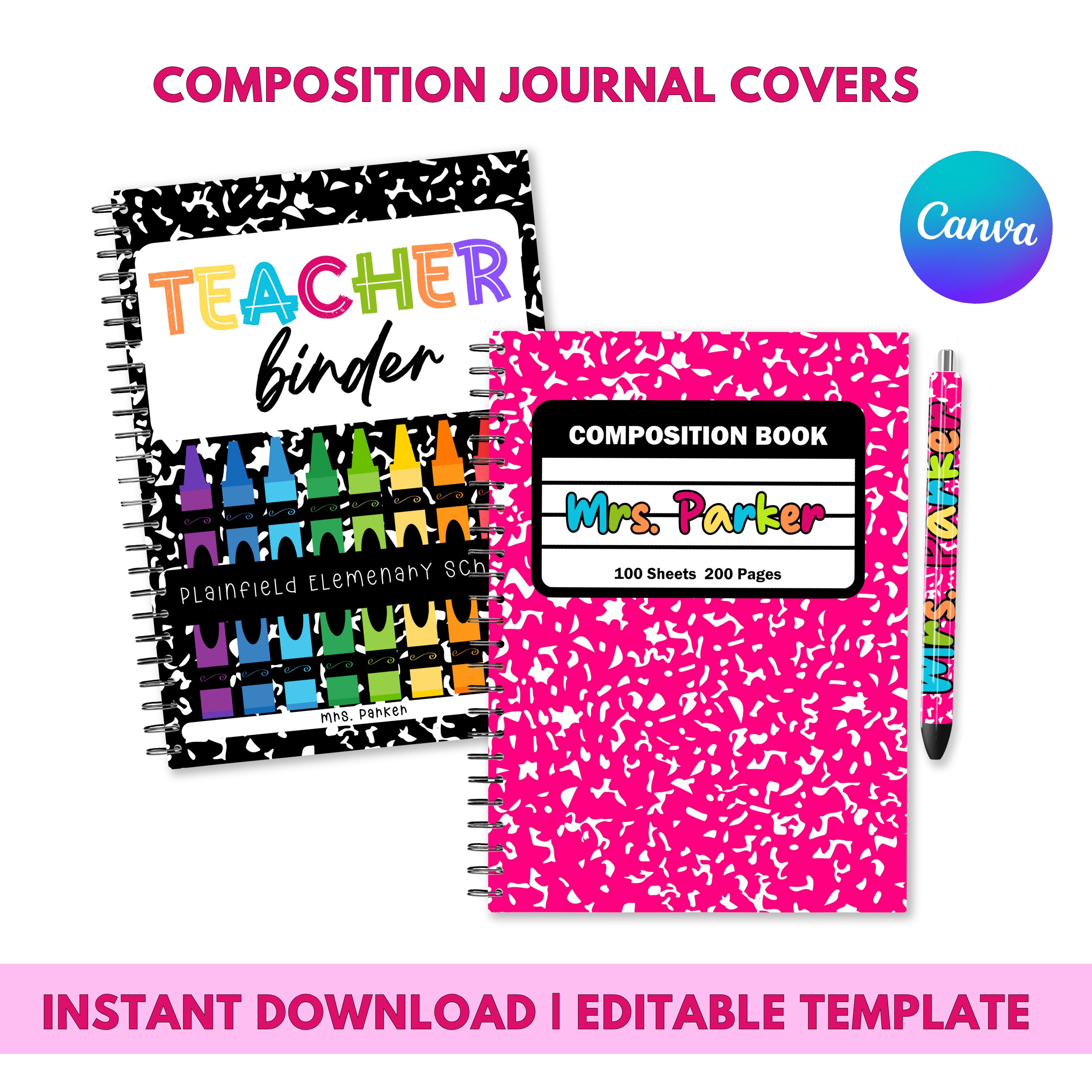 Editable Composition Notebook Bundle Canva Template, Pen Wrap, Teacher ...