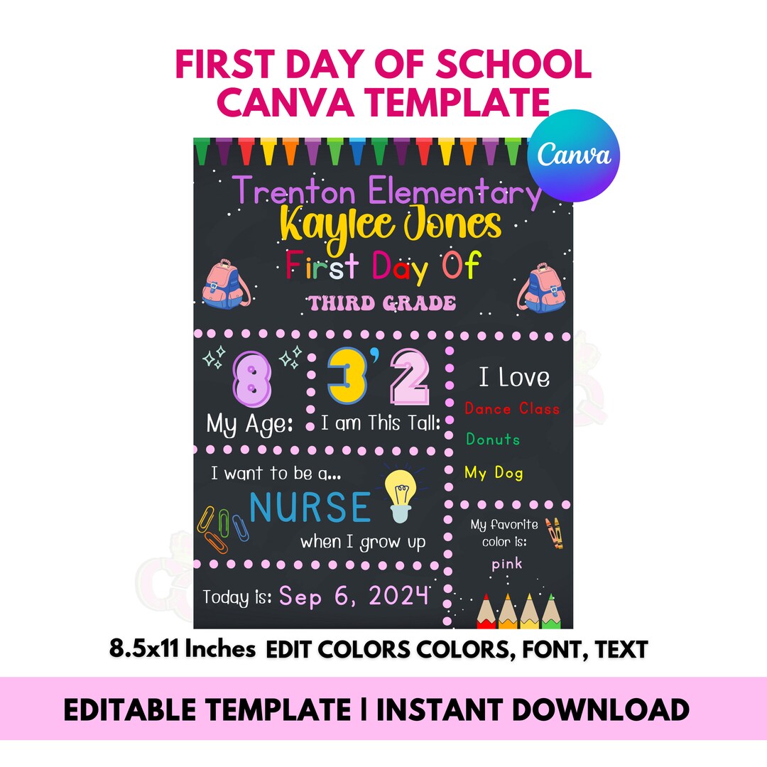Editable First Day of School Sign Canva Template, Back to School ...