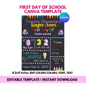 Editable First Day of School Sign Canva Template, Back to School ...