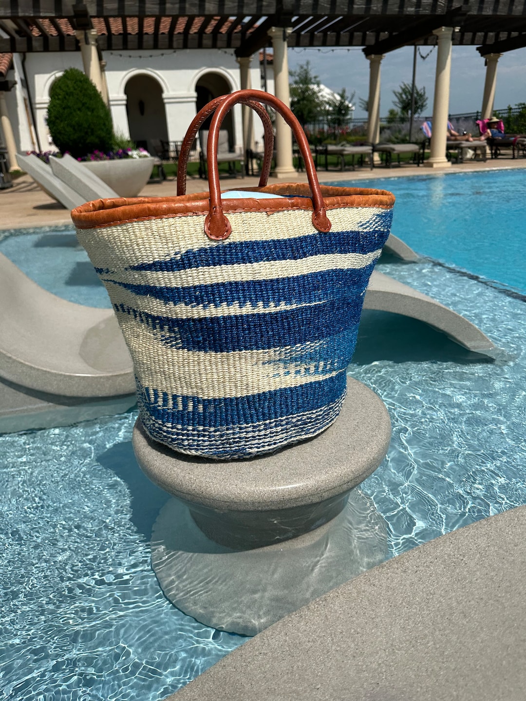 Blue Cloud Stripes Mifuko Kiondo Kenya Bag With Brown Leather Rim and ...