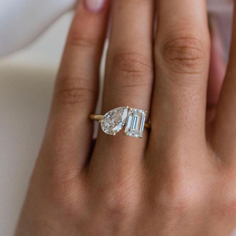 Double Stone Engagement Ring Pear Cut and Emerald Cut Two Stone Wedding ...