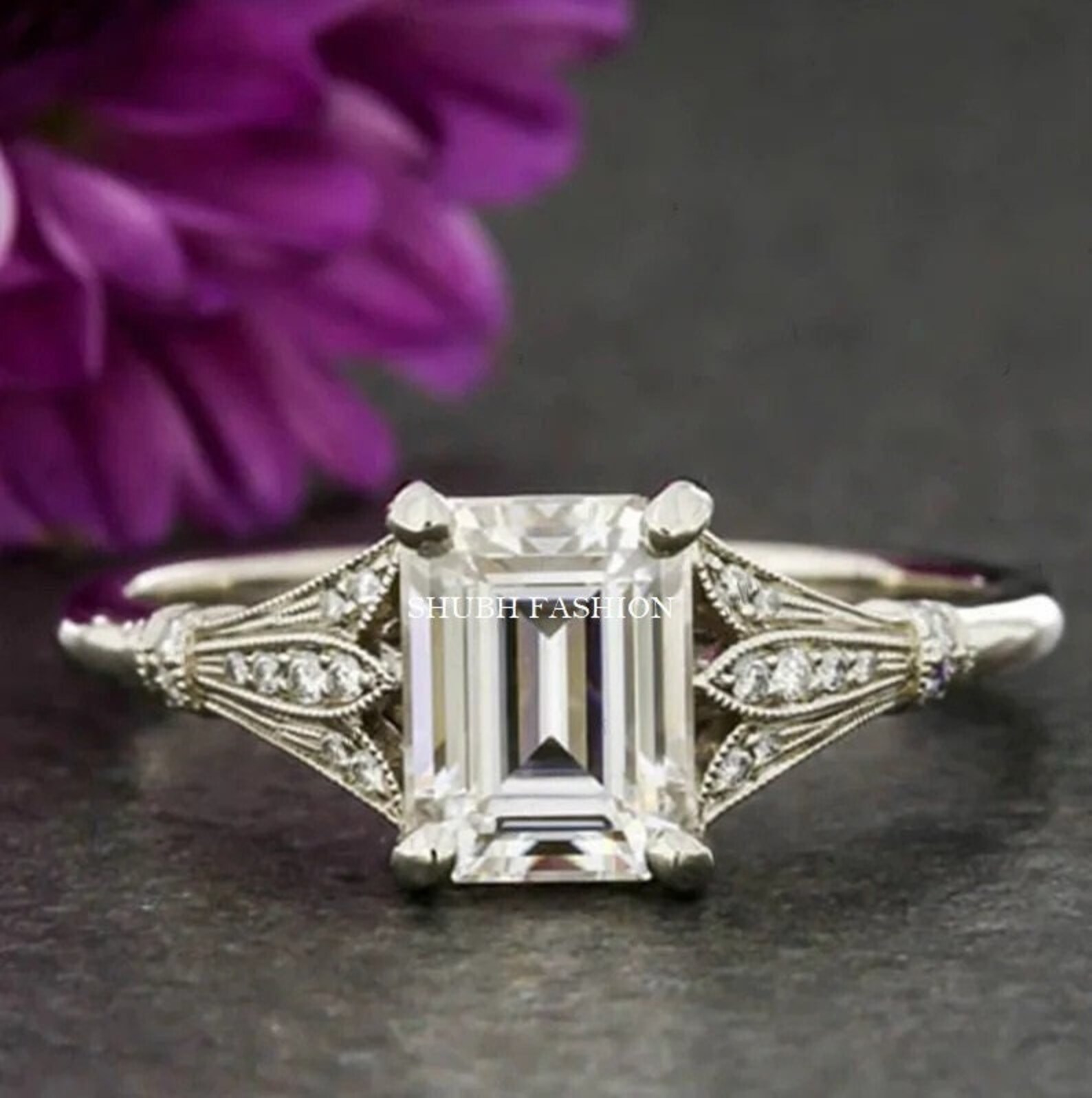 Emerald Cut Vintage Inspired Engagement Ring, 3ct Emerald & Round Cut ...