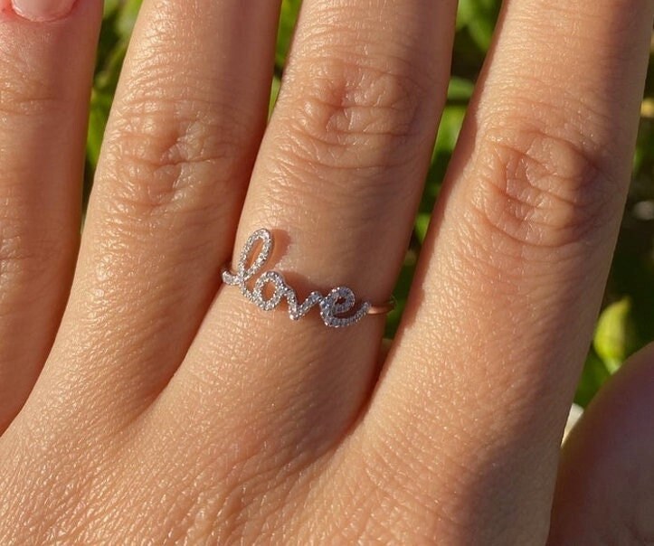 Love Diamond Ring Cursive Diamond Love Ring Script Love Ring - Etsy