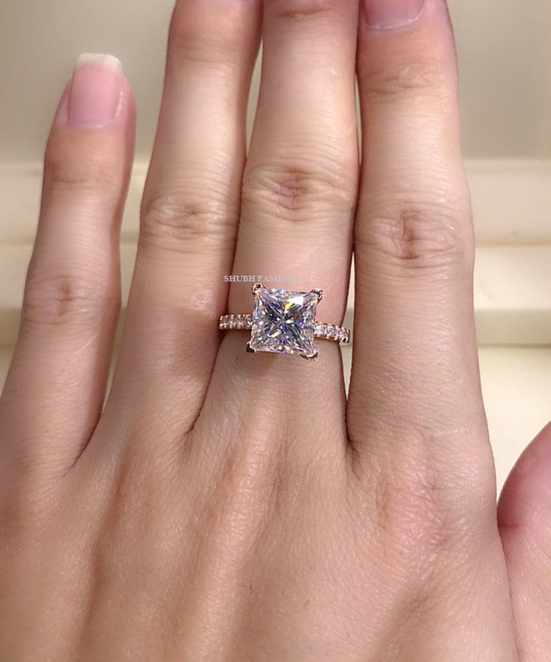 4CT Square Shape Ring, Princess Cut Diamond Ring, Rose Gold Engagement ...