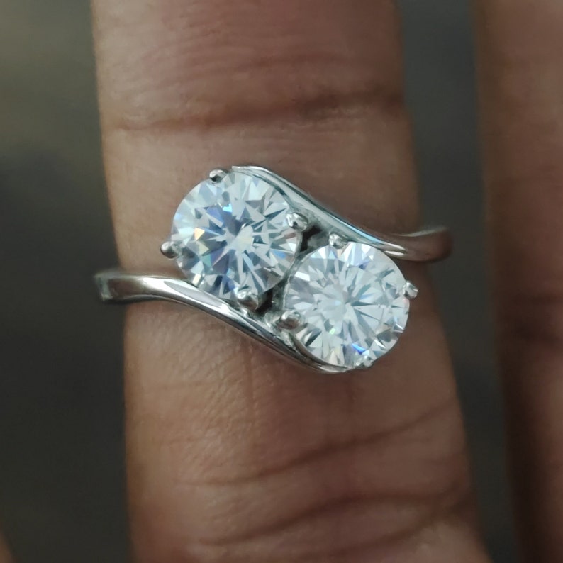 Two Stone Round Cut Moissanite Engagement Ring, Double Stone ...