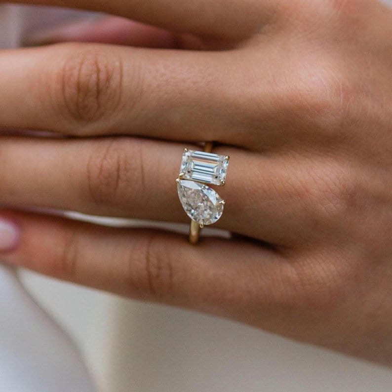 Double Stone Engagement Ring Pear Cut and Emerald Cut Two Stone Wedding ...