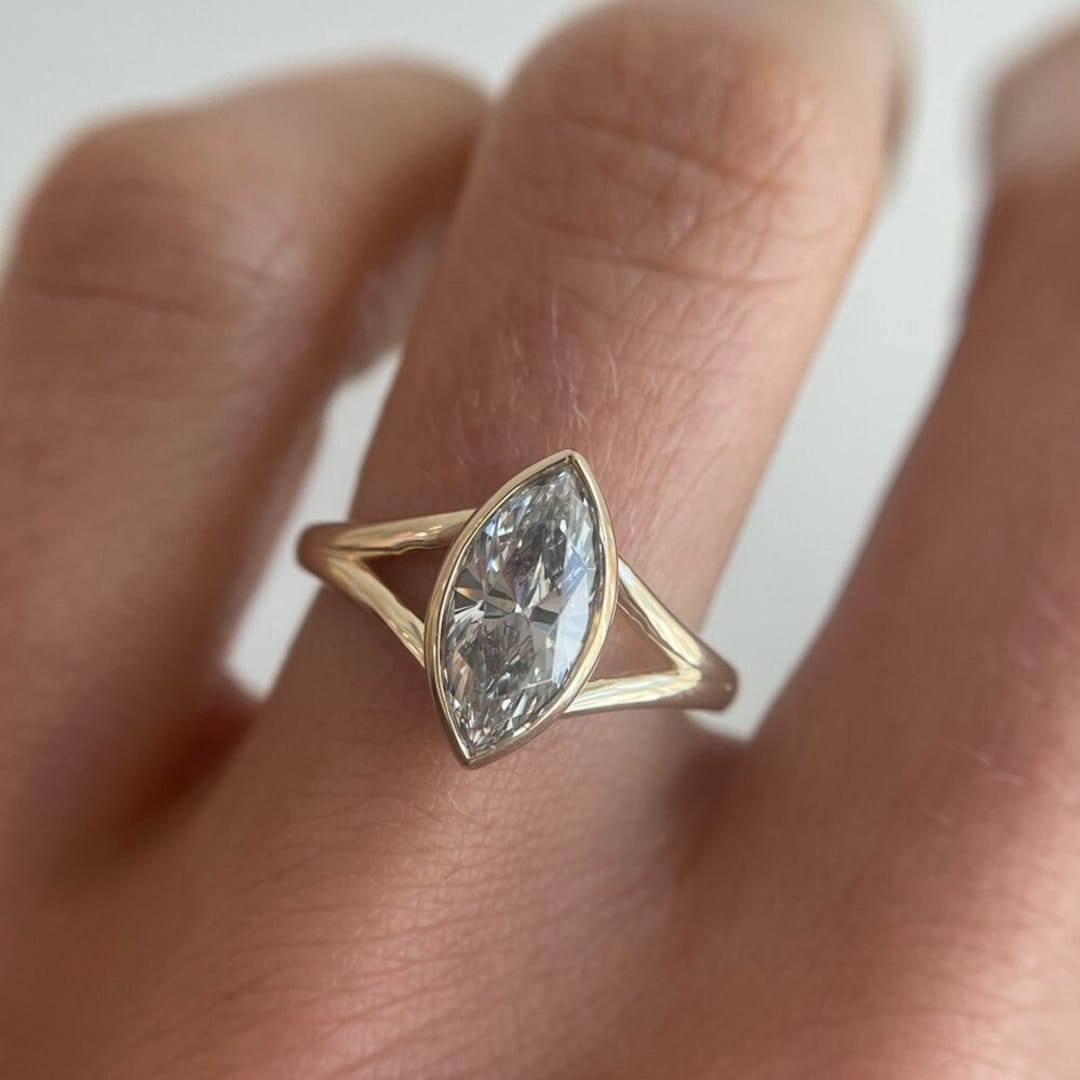Marquise Cut Split Shank Engagement Ring, Marquise Cut Bezel Set Ring, Solitaire Diamond Ring ...