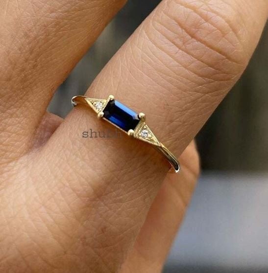Emerald Cut Blue Sapphire Ring, Blue Sapphire Gemstone Ring, Blue Stone ...